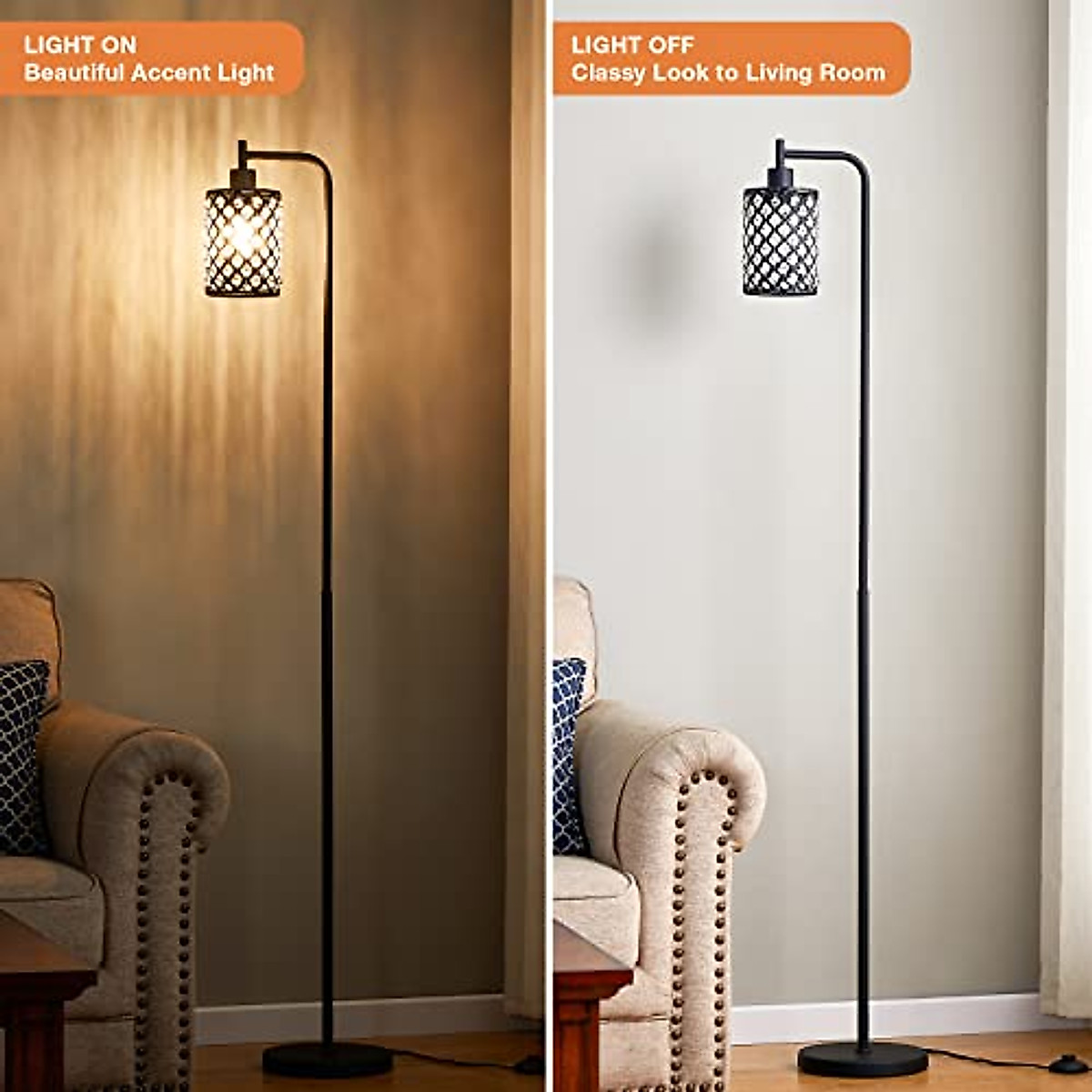 Hong-in Crystal Floor Lamp - Tall Lamp with 6W LED Bulb, Modern Standing Floor Lamps for Living Room with Foot Switch, Black Floor lamp for Bedroom Office Reading Dining Room Kitchen, 64.6 Inch