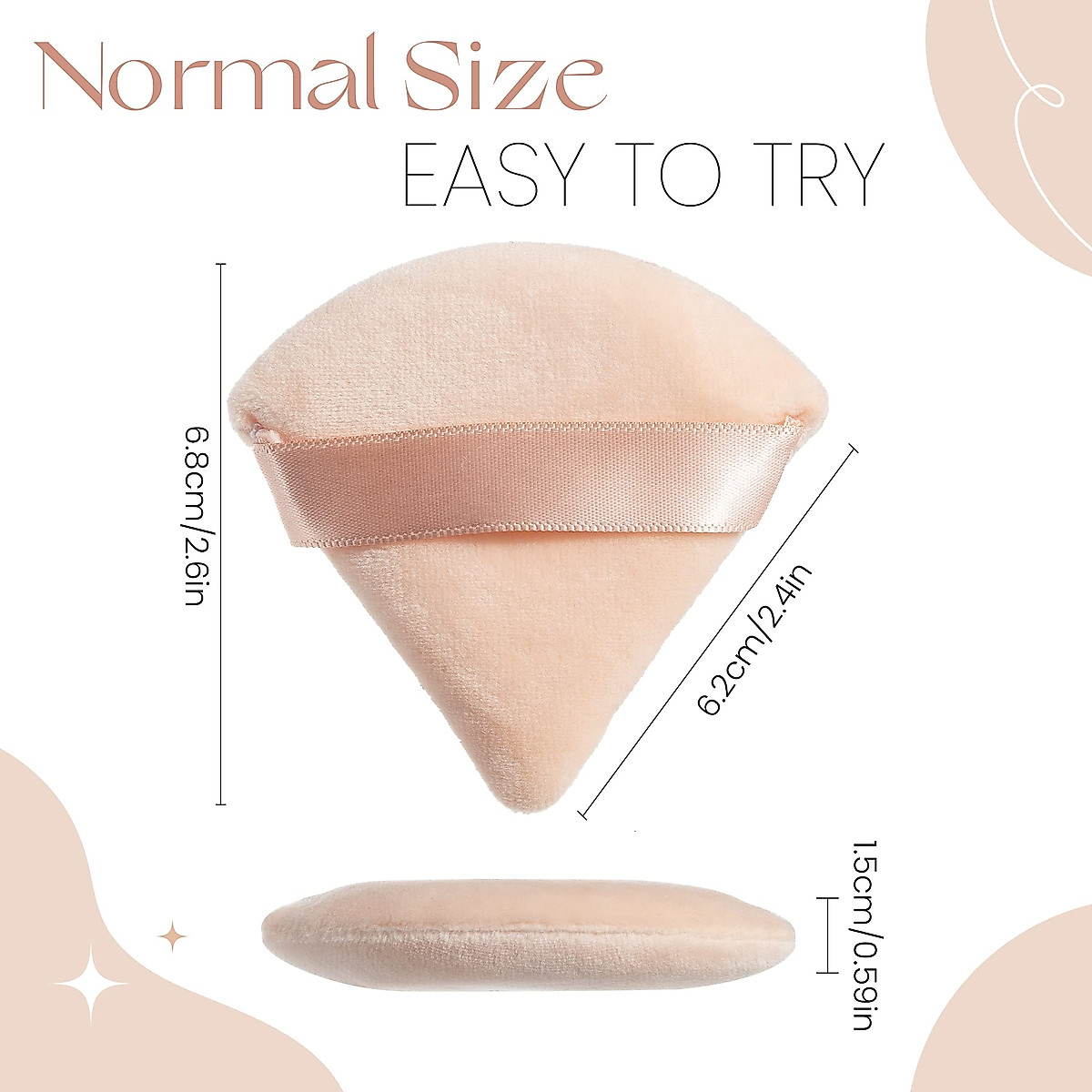 MOTZU 6 Pieces Powder Puff for Face , Cotton Velour Triangle Makeup Puff for Setting, Contouring, Under Eyes, and Corners, 2.76-inch Normal Size, with Strap, Beauty Tool