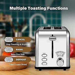 Simple Deluxe Stainless Steel Toaster 2 Slice with 1.5” Wide Slot & Removable Crumb Tray, 5 Shade Options and Bagel/Defrost/Cancel Functions, for Various Bread & Waffle, Retro Silver