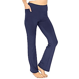 STRETCH IS COMFORT Women's DTY High Waist Bootcut Yoga Pants with Pockets Navy Blue Small