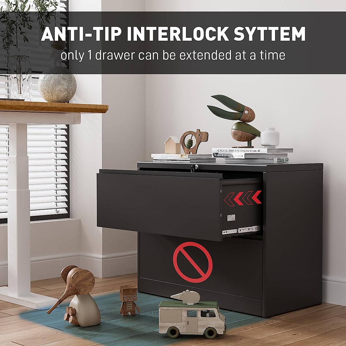 OUYESSIR 2 Drawer File Cabinet with Lock, Filing Cabinets for Home Office, Lateral File Cabinet in Steel Metal, Office Storage Drawers for Legal, Letter, A4 File (Black)