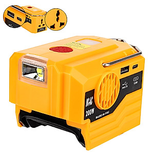 WaxPar 200W Power Inverter Compatible with Dewalt 20V/60V Battery DC 20V to AC 110~120V Outdoor Generator with AC Outlet, LED Light, USB Port, Type C Port Modified Sine Wave Power Inverter