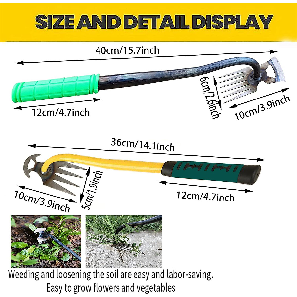 2Pcs Artifact Uprooting Weeding Tool, All Steel Hardened 2 in 1 Hollow Hoe and Rake, Heavy Duty Garden Rake Weeding Tools, Hand Hoe Gardening Weeder Tool Weed Puller for Backyard Weeding Loosening