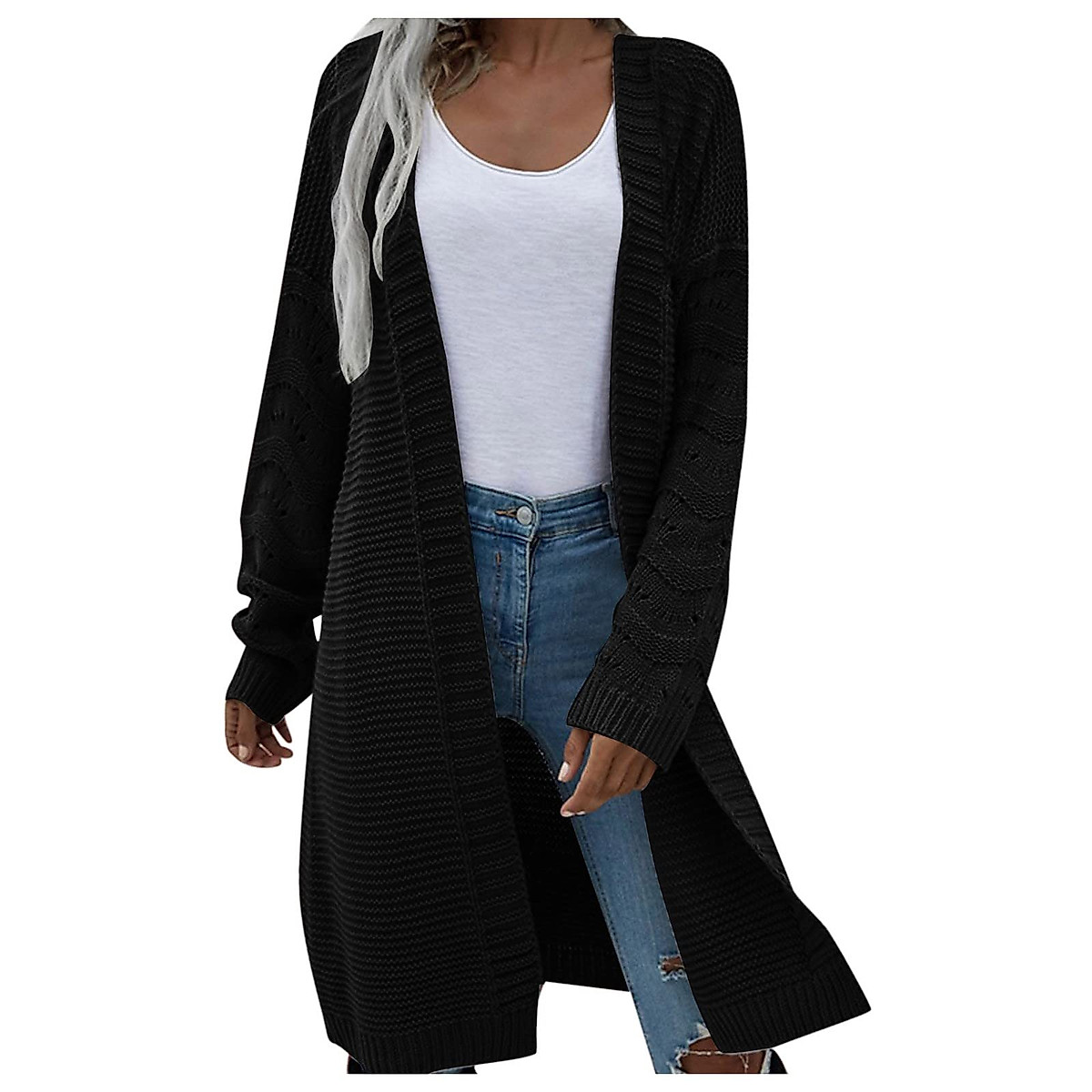 Aniywn Womens Long Sleeve Casual Cardigan Loose Fit Waffle Knit Open Front Solid Soft Sweater Batwing Duster Coat Tops
