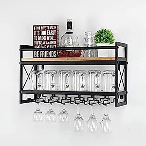 MBQQ Wine Rack Stemware Glass Rack,Industrial 2-Tier Wood Shelf,24in Wall Mounted Wine Racks with 6 Glass Holder for Wine Glasses,Mugs,Home Decor,Black