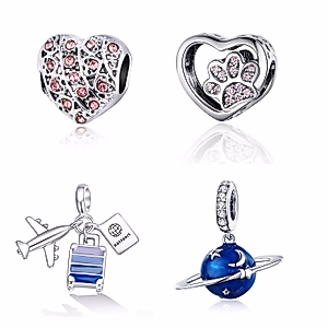 BABAMIA 4pcs Charms Set for Bracelets and Necklaces Love Heart Bracelet Charms | Planet Airplane Pendant Charms Dainty Bead Charms for Women Birthday Valentine's Day Jewelry Gift