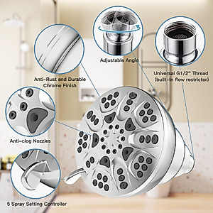 Drifop Filtered Shower Head, High Pressure Shower Head with Filters for Hard Water, Bathroom Water Softener Shower Head Adjustable Angle, 5 Spray Modes Fixed Showerhead (Chrome), BHS-001