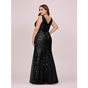 Ever-Pretty Women's V-Neck Embroidered Lace Floor Length Plus Size Mermaid Dress Black US18