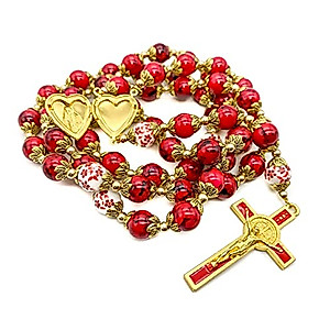 Nazareth Store Saint Benedict Red Rosary Beads Catholic Necklace Flowers Mystery Bead Miraculous Medal Locket Cross Prayer Rosarios Catolicos