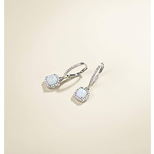 FANCIME Lever Back Earrings Created Opal October Birthstone Earrings Sterling Silver White Fire Opal Halo Cubic Zirconia Square French Back Earrings Jewelry for Women