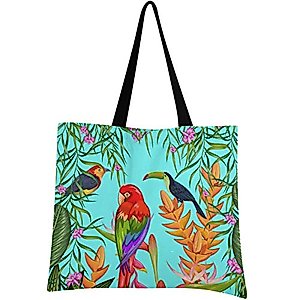 visesunny Women's Large Canvas Tote Shoulder Bag Colorful Flower And Bird Top Storage Handle Shopping Bag Casual Reusable Tote Bag for Beach,Travel,Groceries,Books