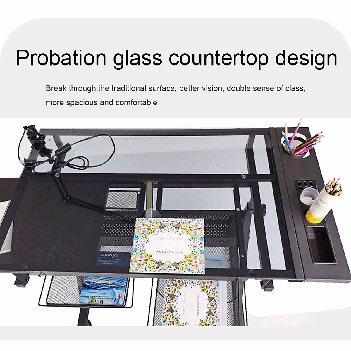 EESHHA Drawing Table Adjustable Glass Drafting Table,Versatile Art Study Table,with Storage Drawers,Art Studio Design Sketching Painting Work Station (Color : Glass) (Glass) (Glass)