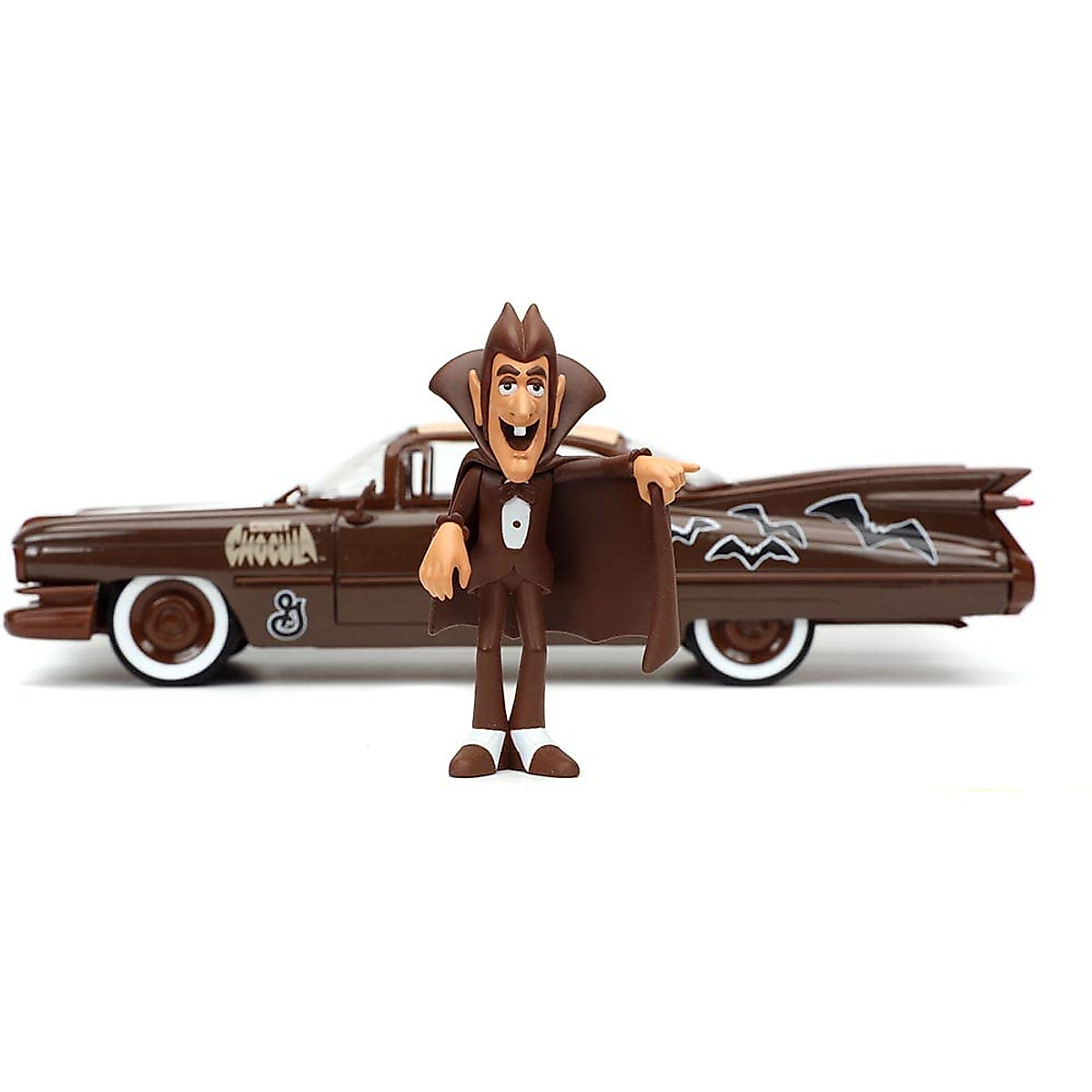 Jada 1959 Cadillac Coupe DeVille Brown and White with Graphics and Count Chocula Diecast Figurine Hollywood Rides Series 1/24 Diecast Model Car