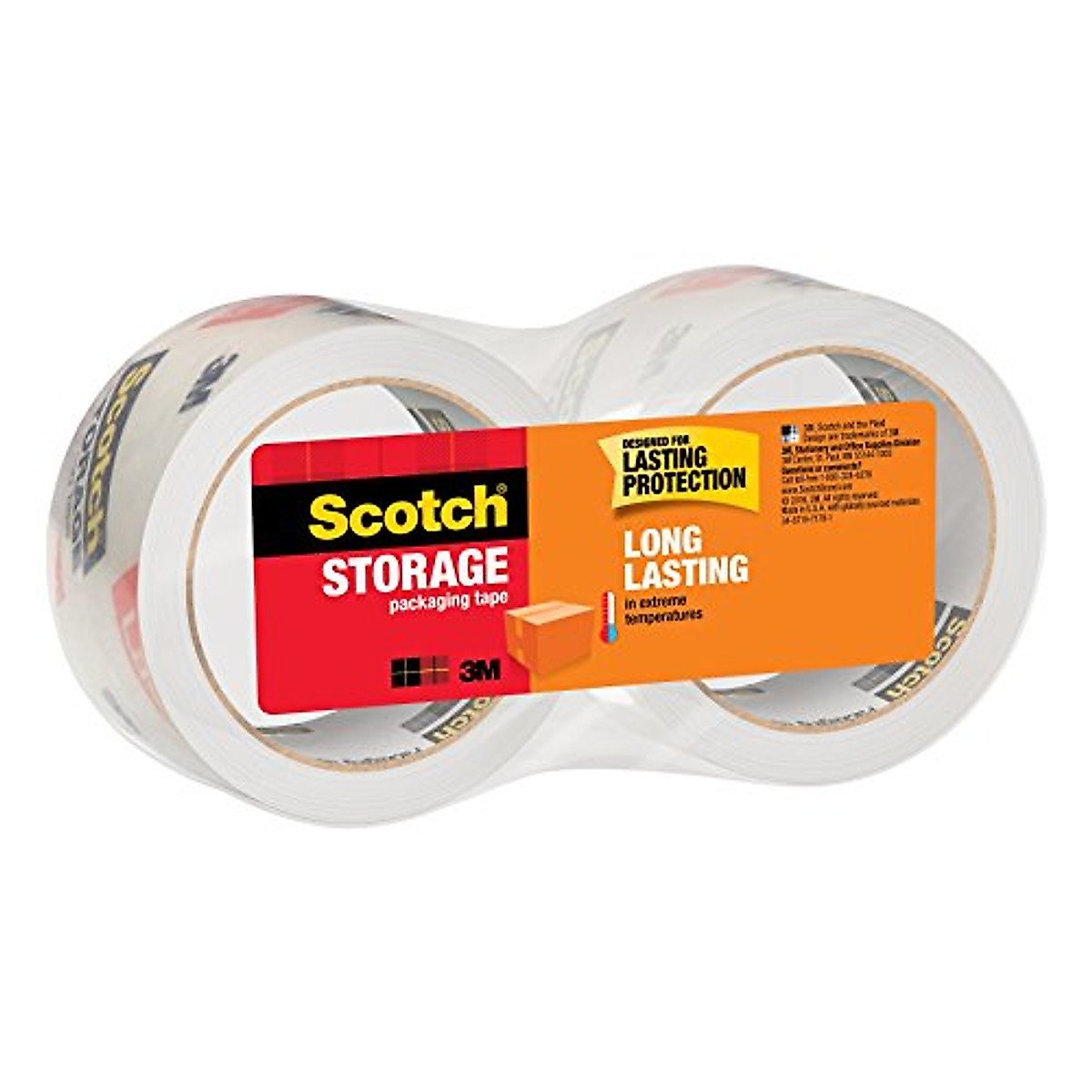 Scotch Long Lasting Storage Packaging Tape, 1.88" x 54.6 yd, Designed for Storage and Packing, Stays Sealed in Weather Extremes, 3" Core, Clear, 2 Rolls (3650-2)
