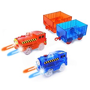 HAPISIMI Track Train (2-Pack), Multi-Color Light Up Flashing LED Glow in The Dark Trains Accessories Compatible with Neo and Most Other Tracks