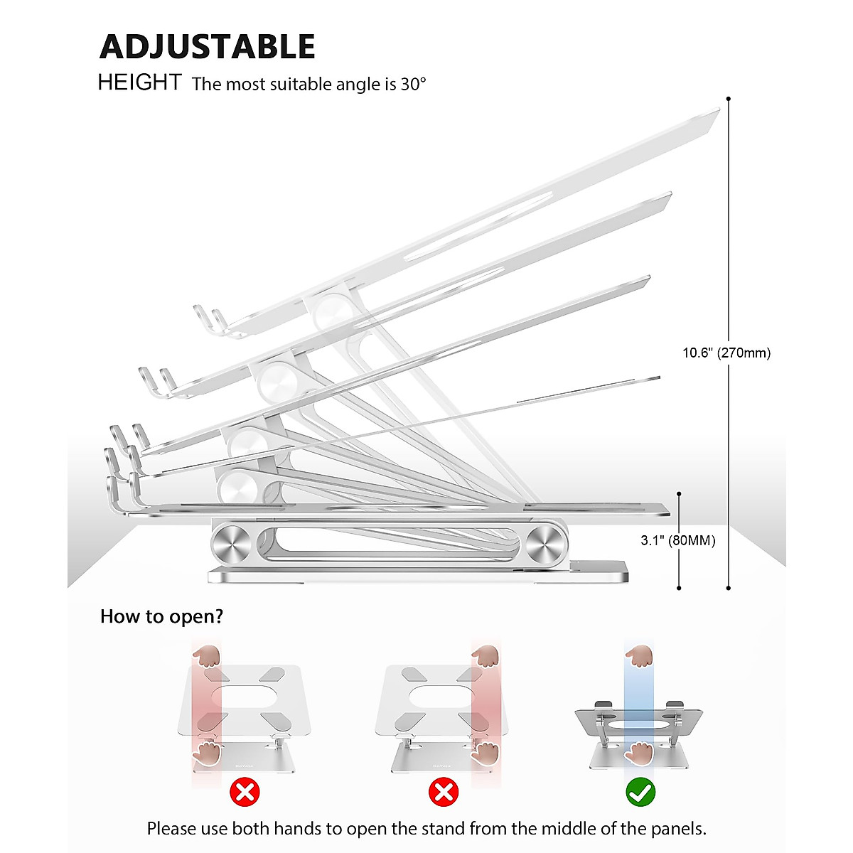 BoYata Laptop Stand, Laptop Holder, Multi-Angle Stand with Heat-Vent, Adjustable Notebook Stand for Laptop up to 17 inches, Compatible for MacBook Pro/Air, Surface Laptop, and so on (Silver)