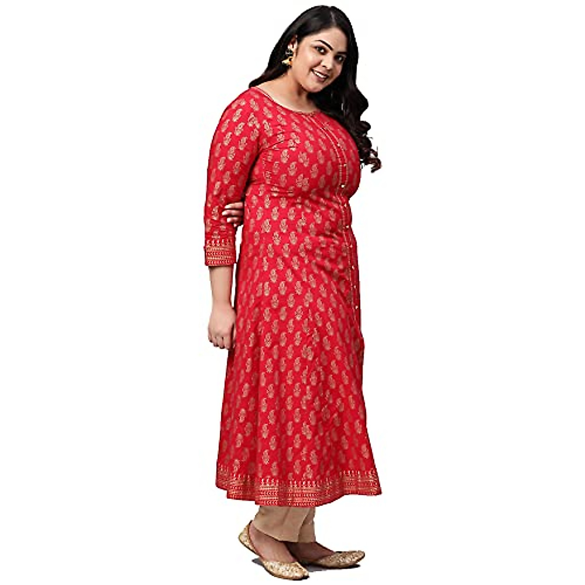 Yash Gallery Plus Size Cotton Gold Printed Anarkali Kurtis for Women (Red)