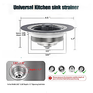 Upgraded 3 in 1 Kitchen Sink Drain Strainer 304 Stainless Steel Pop up Kitchen Sink Stopper Kit Basket Strainer with for Standard 3-1/2 inch Drain Filter, Anti-Clogging and Detachable