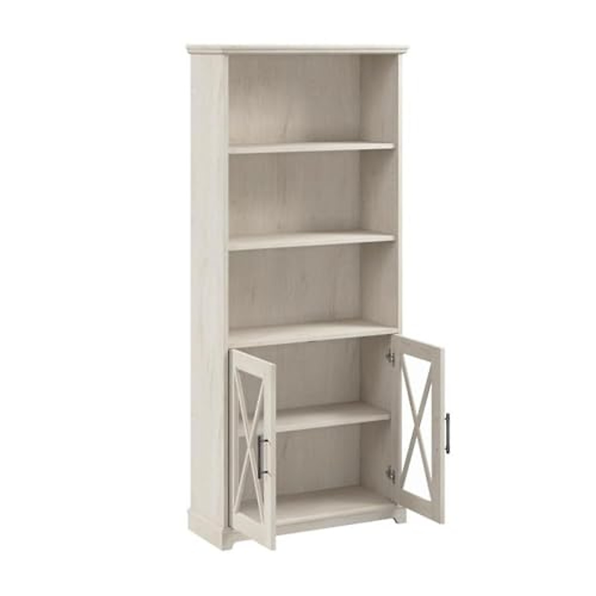 Bush Furniture Lennox Tall 5 Shelf Bookcase with Glass Doors in Linen White Oak | Farmhouse Bookshelf Cabinet for Living Room and Home Office