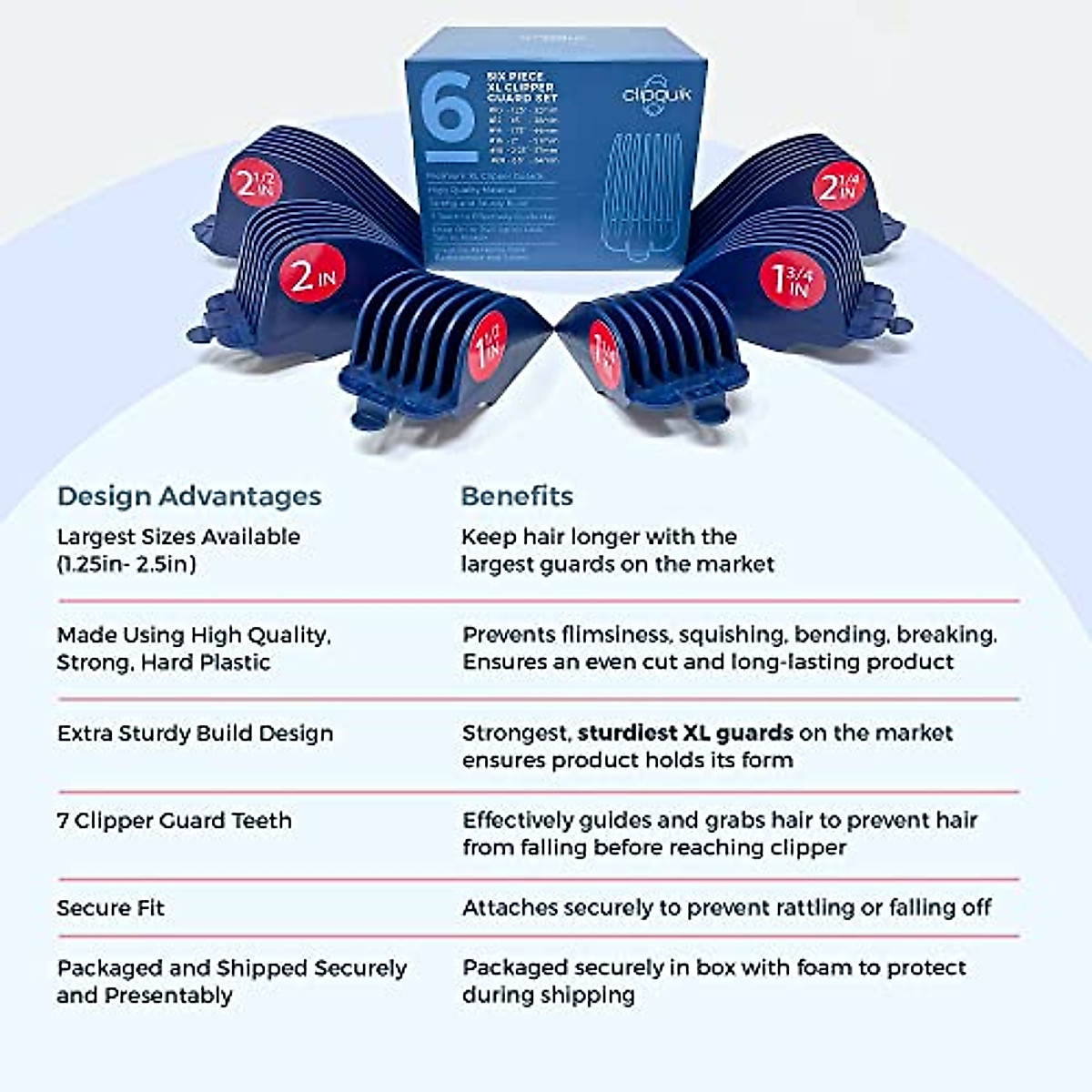 Clipquik Premium XL Clipper Guards, Strong & Sturdy 2.5 inch, 2.25", 2", 1.75", 1.5", 1.25" (#20, #18, #16, #14, #12, #10) Extra Long, Large Guide Comb Set Fits Most Wahl Full Size Hair Clippers