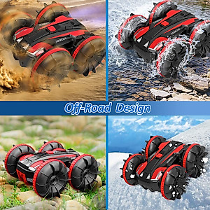 FREE TO FLY Remote Control Car Boat Truck- Amphibious RC Car for Kids 4WD Stunt Cars 2.4Ghz Rotating 360°Offroad Terrain RC Vehicle Water Land Toys for 6 7 8 9 10 11 12 Years Old Boys(red)