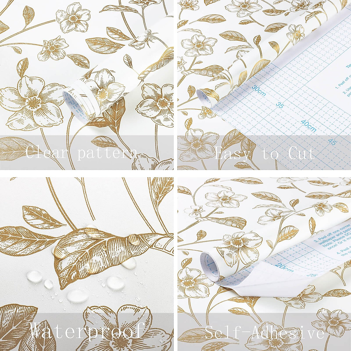 Heroad Brand Floral Peel and Stick Wallpaper Boho Contact Paper White and Gold Leaf Wallpaper Clearance Peel and Stick Wallpaper for Cabinets Shelf Liner Vinyl Roll Self Adhesive 78.7"x17.3"