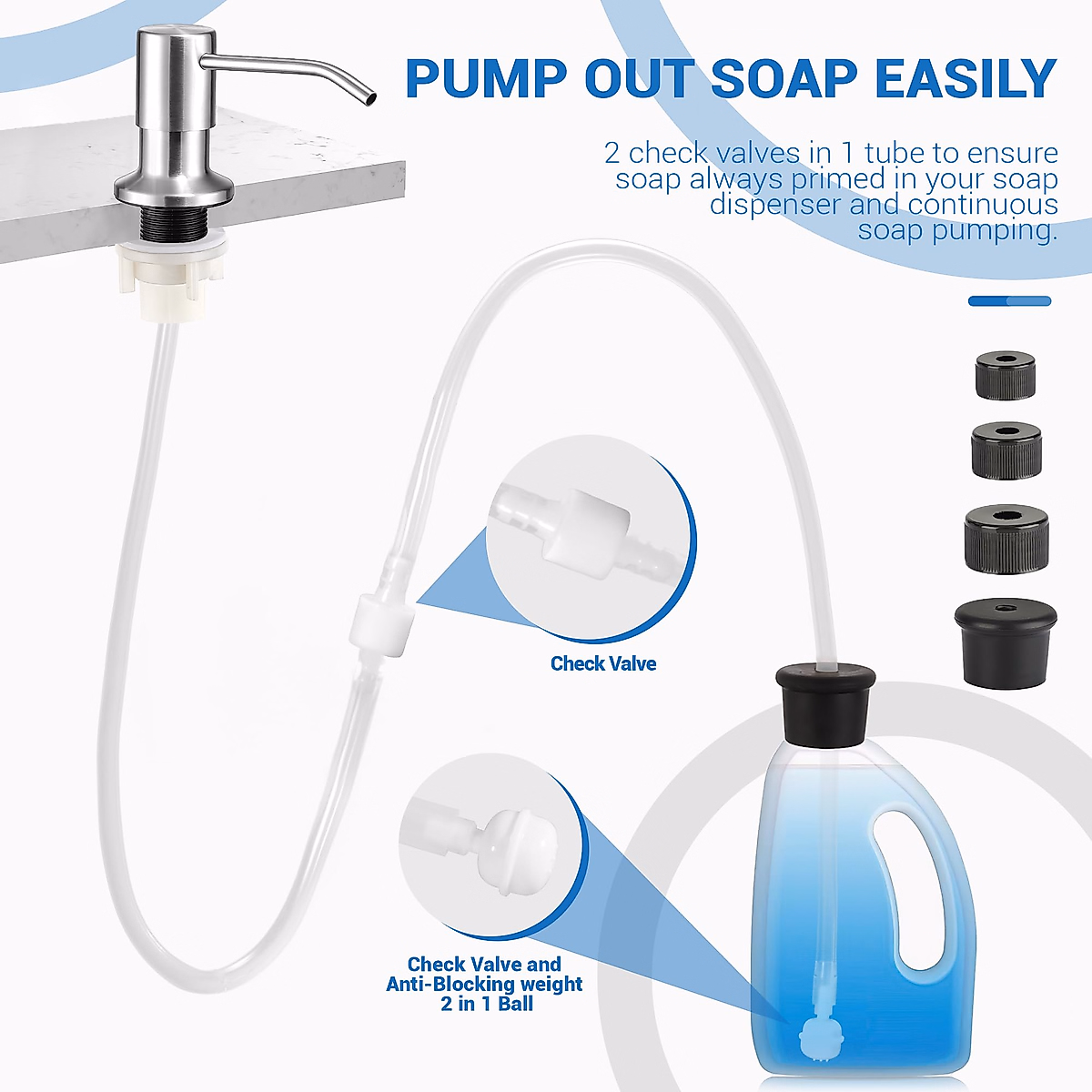 Sink Soap Dispenser Extension Tube Kit 47" with Check Valve, No Need to Fill The Little Bottle Again!