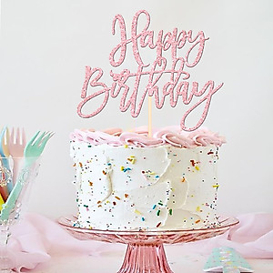 1 PCS Happy Birthday Cake Topper Glitter Happy Birthday Cake Pick for Celebrating Happy Birthday Anniversary Theme Party Cake Decorations Supplies Light Pink