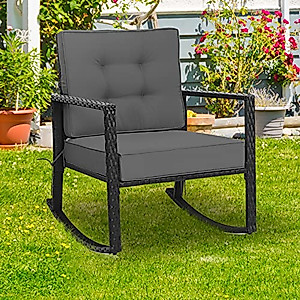 Tangkula Wicker Rocking Chair, Outdoor Glider Rattan Rocker Chair with Heavy-Duty Steel Frame, Patio Wicker Furniture Seat with 5” Thick Cushion for Garden, Porch, Backyard, Poolside (1, Gray)