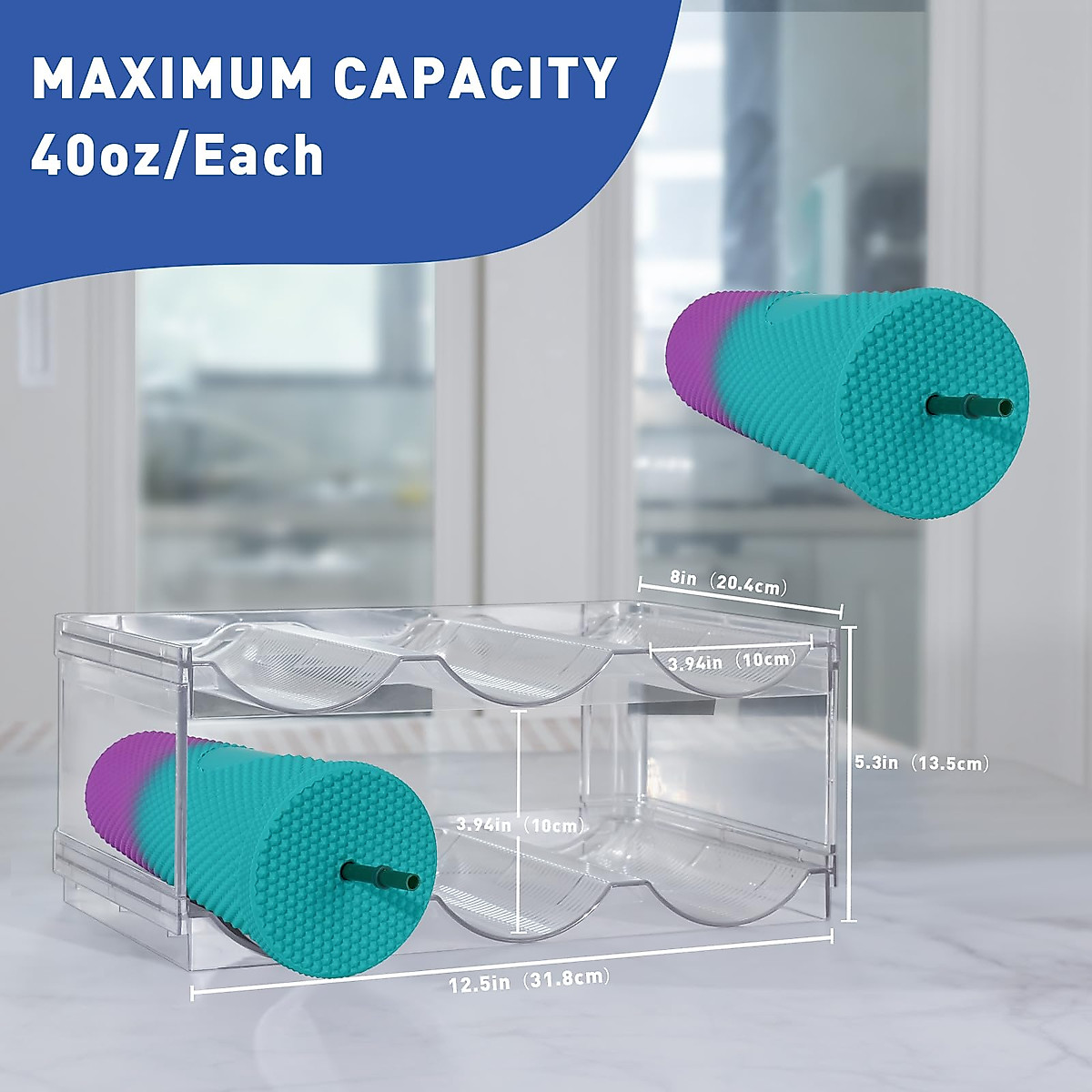 HOGARSWE Water Bottle Organizer, Storage Holder for Kitchen Organization,Fridge, Pantry,Cabinet,Countertop,Cupboard- Plastic Cup Rack Shelf for Wine，Drinks- 2 Layers,Each Rack Holds 3 Containers,Clear