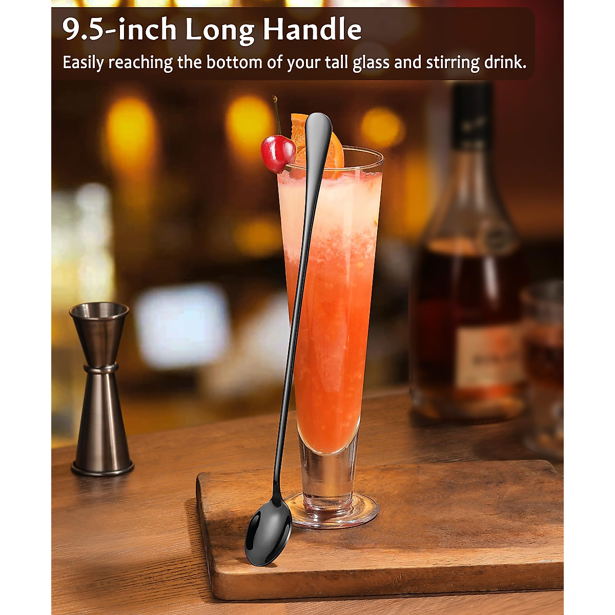 Lovingly Yours 9.5-Inch Long Handle Ice Tea Spoons, Ice Cream Spoons, Black Long Coffee Spoons, Stainless Steel Long Spoons for Stirring, Set of 4