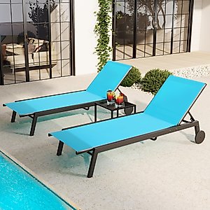YITAHOME Patio Chaise Lounge Set of 3, Outdoor Lounge Chairs with Side Table, Adjustable Backrest Poolside Loungers with Wheels for Pool Beach Patio Lawn Porch - Blue