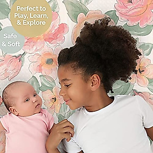 JumpOff Jo - Large Waterproof Foam Padded Play Mat for Infants, Babies, Toddlers, Play Pens & Tummy Time, Foldable Activity Mat, 70 in. x 59 in. - Love Blossoms