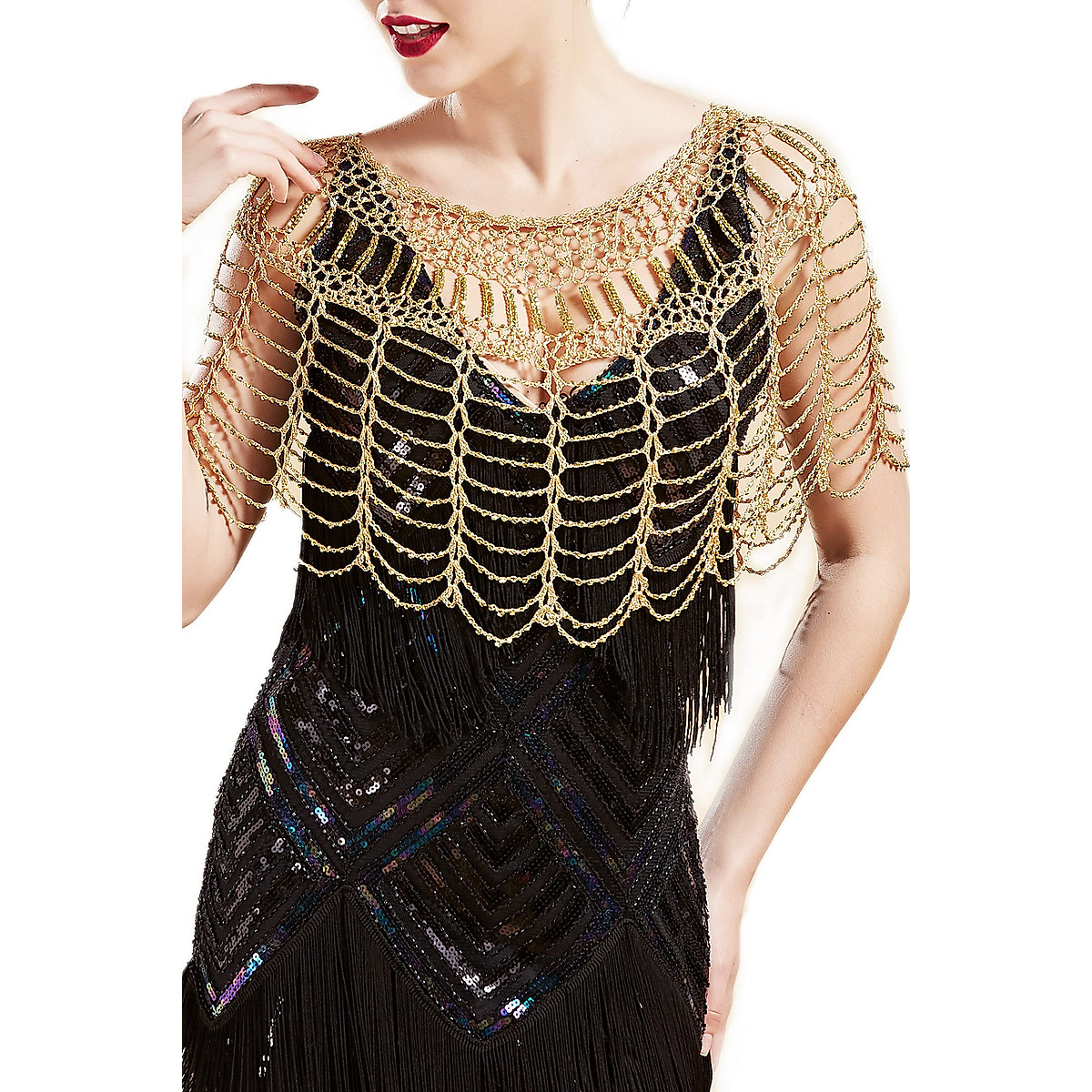 BABEYOND 1920s Shawl Wraps Gatsby Beaded Evening Cape Bridal Shawl Bolero Flapper Cover Up (Gold)