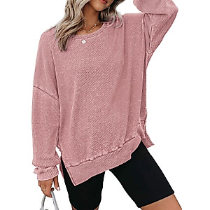 Dokotoo Womens Waffle Knit Oversized Crewneck Sweatshirt for Women Trendy Side Split Long Sleeve Pullover High Low Slouchy Fit Casual Cute Sweatshirts Tops Fall Outfits Clothes 2024 Pink Medium