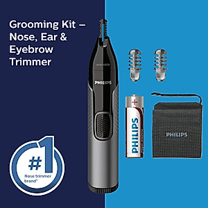 Philips Nose Trimmer Nt3650/16, Nose, Ear & Eyebrow Trimmer with Protective Guard System, Fully Washable, Including AA Battery, 2 Eyebrow Combs, Pouch (Gray)