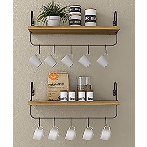 Godimerhea Floating Shelves with Hooks, Set of 2 Rustic Wall Mounted Wooden Decorative Storage Shelves with Towel Rack for Coffee Bar, Kitchen, Living Room（Brown）