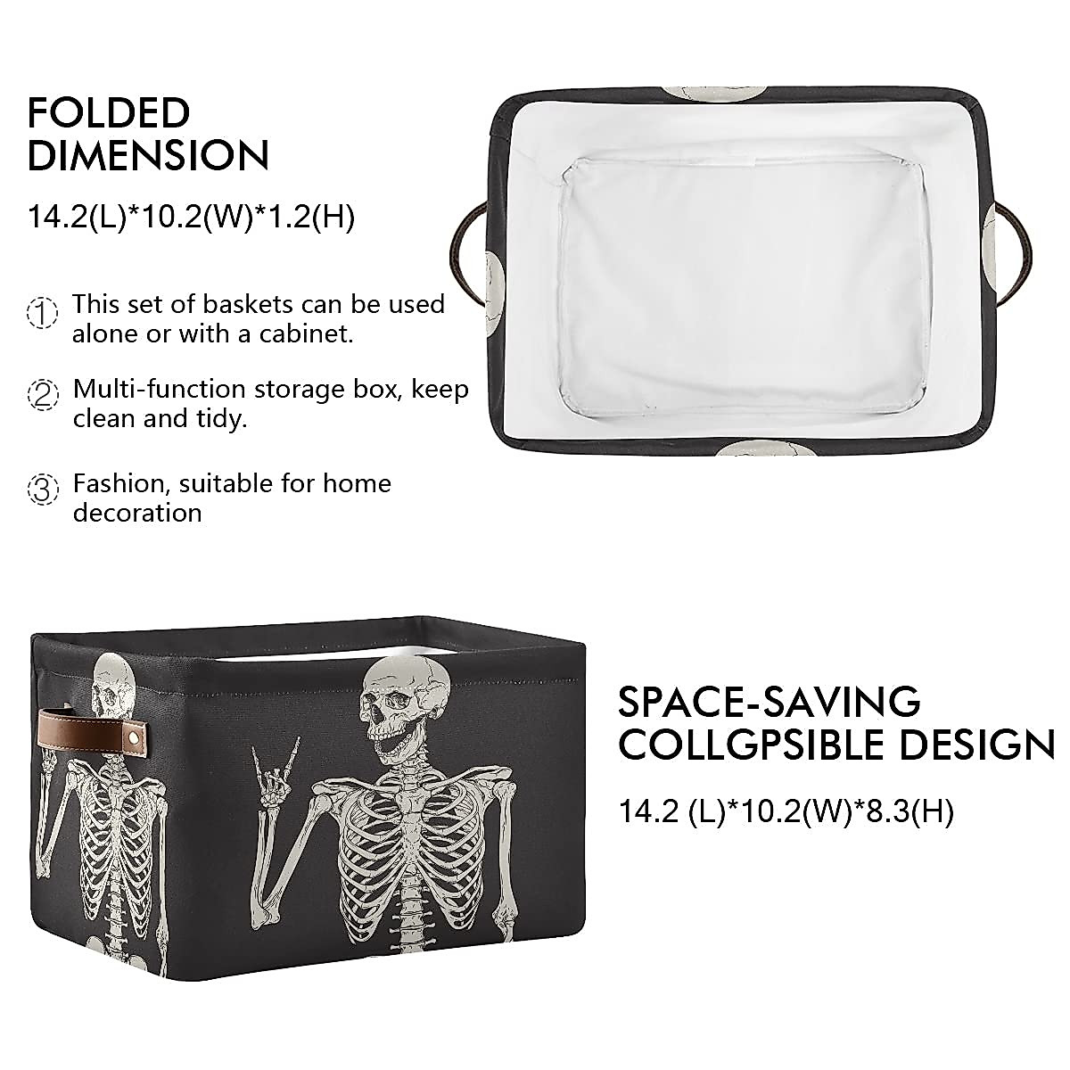 AUUXVA Human Skeleton Skull Storage Bins Basket, Day of The Dead Halloween Collapsible Storage Cube Rectangle Storage Box with Handles for Shelf Closet Nursery Bedroom Home Office 1 Pack