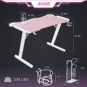 YOUTHUP Gaming Desk with LED Lights, 43.3 Inch Z Shaped Game Desk for PC Gamer, Ergonomic Racing Style Computer Table Workstation with Remote Control, Headphone Hook, Cup Holder, Handle Rack, Pink