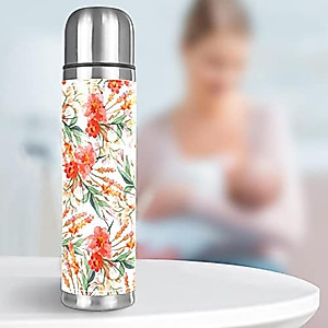 Stainless Steel Leather Vacuum Insulated Mug Flowers Thermos Water Bottle for Hot and Cold Drinks Kids Adults 16 Oz