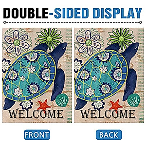 Dyrenson Home Decorative Welcome Quote Outdoor Turtle Beach Garden Flag Double Sided, Tropical Ocean House Yard Flag, Rustic Coastal Garden Yard Nautical Sea Decorations, Seasonal Outdoor Flag 12 x 18