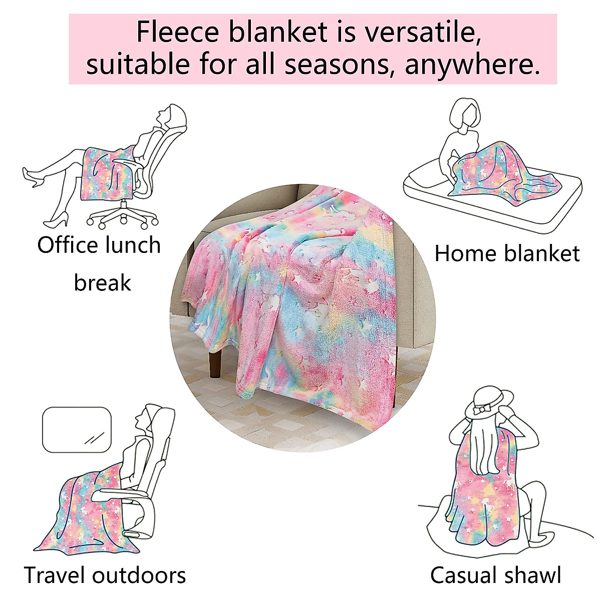 Glow in The Dark Throw Blanket, Luminous Unicorns Blanket for Boys Girls, Super Soft Fuzzy Plush Flannel Furry Fleece Blanket, Perfect for Bed or Sofa, Personalized Kids Gifts (Rainbow, 50" x 60")