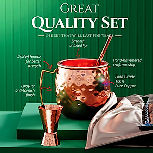 B. WEISS Premium Moscow Mule Mugs Set of 4 with Bonus Accessories - 100% Real Copper cups, Handcrafted, 16 oz - Includes Copper Straws, Jigger, and Coasters -Gift for Any Occasion - Food Safe