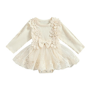 Newborn Lace Tutu Romper Dress Baby Girl Long Sleeve Princess Tulle Dress Infant 3D Floral Onesie Photography Fall Outfits (Apricot, 3-6 Months)