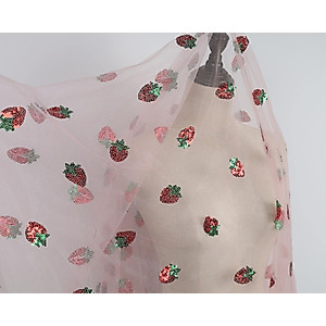 Lovely Sequins Embroidered Strawberry Net Fabric Lightweight Tulle Netting for Sewing Dresses - 60 inches Wide, 2 Yards Precut - Pink