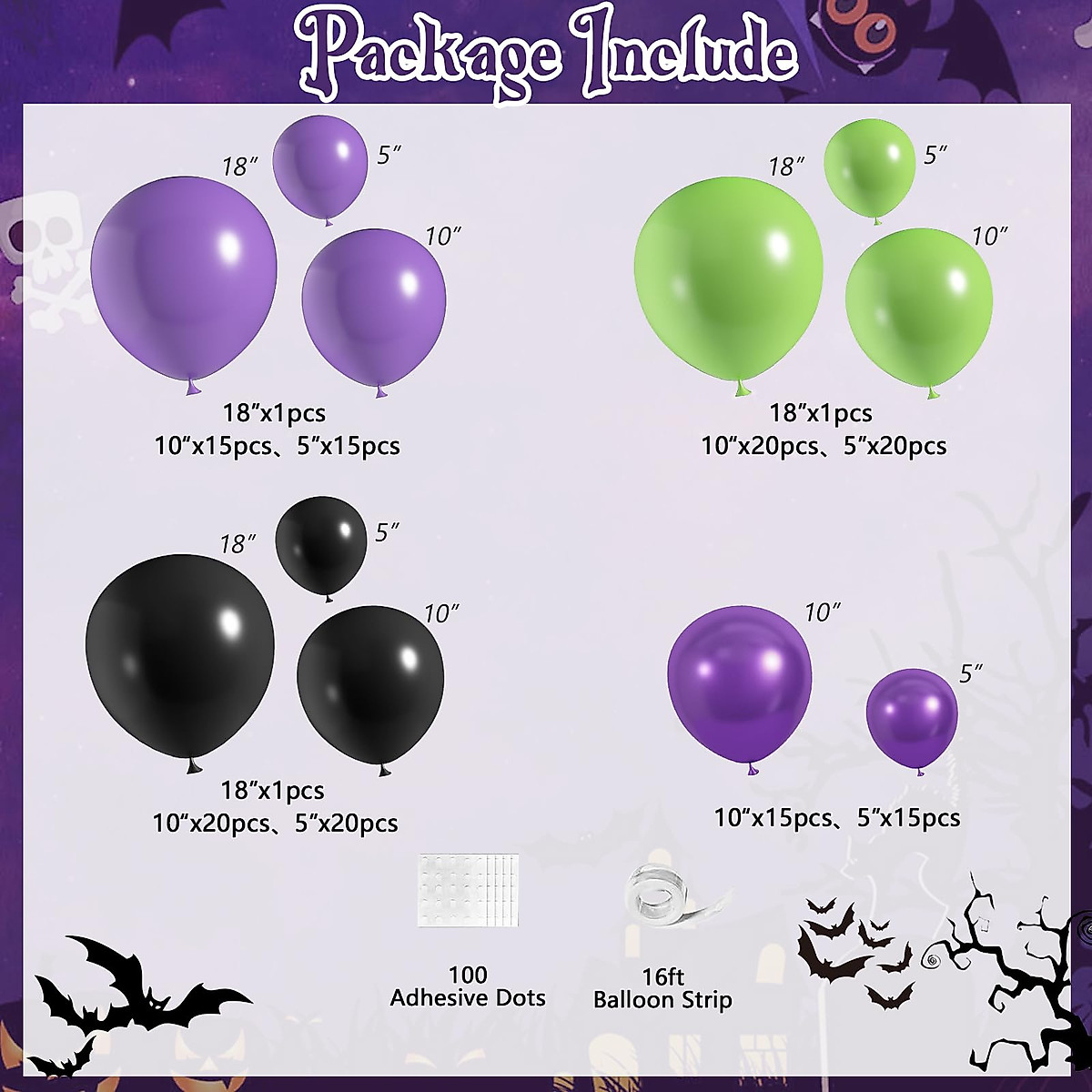 Halloween Balloon Arch Garland Kit, JOGAMS 164Pcs Halloween Metallic Purple Green Balloons with 3D Bat Stickers Ghost Balloons for Spooky Boo Witch Wizard Theme Halloween Party Decorations