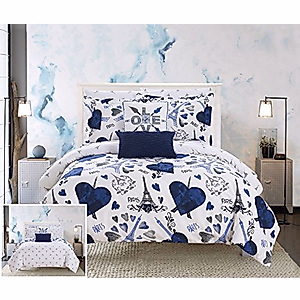 Chic Home Le Marias 9 Piece Reversible Comforter Paris is Love Inspired Printed Design Bed in a Bag-Sheet Set Decorative Pillows Shams Included Size, Queen, Navy