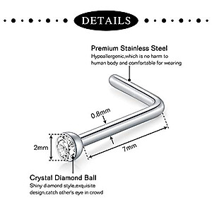 Mayhoop 20g Stainless Steel Nose Rings Hoop L Shape Nose Studs Nose Screw Bone Silver Rose Gold Black Rainbow Pack for Women Men 28Pcs