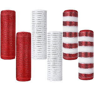 6 Rolls Poly Burlap Mesh 10 Inches Red Deco Ribbon 60 Yards White Mesh Roll Door Wreath Supplies, Poly Burlap Ribbon Mesh for DIY Craft Home Christmas Party Decoration(2White, 2Red, 2Red&White)