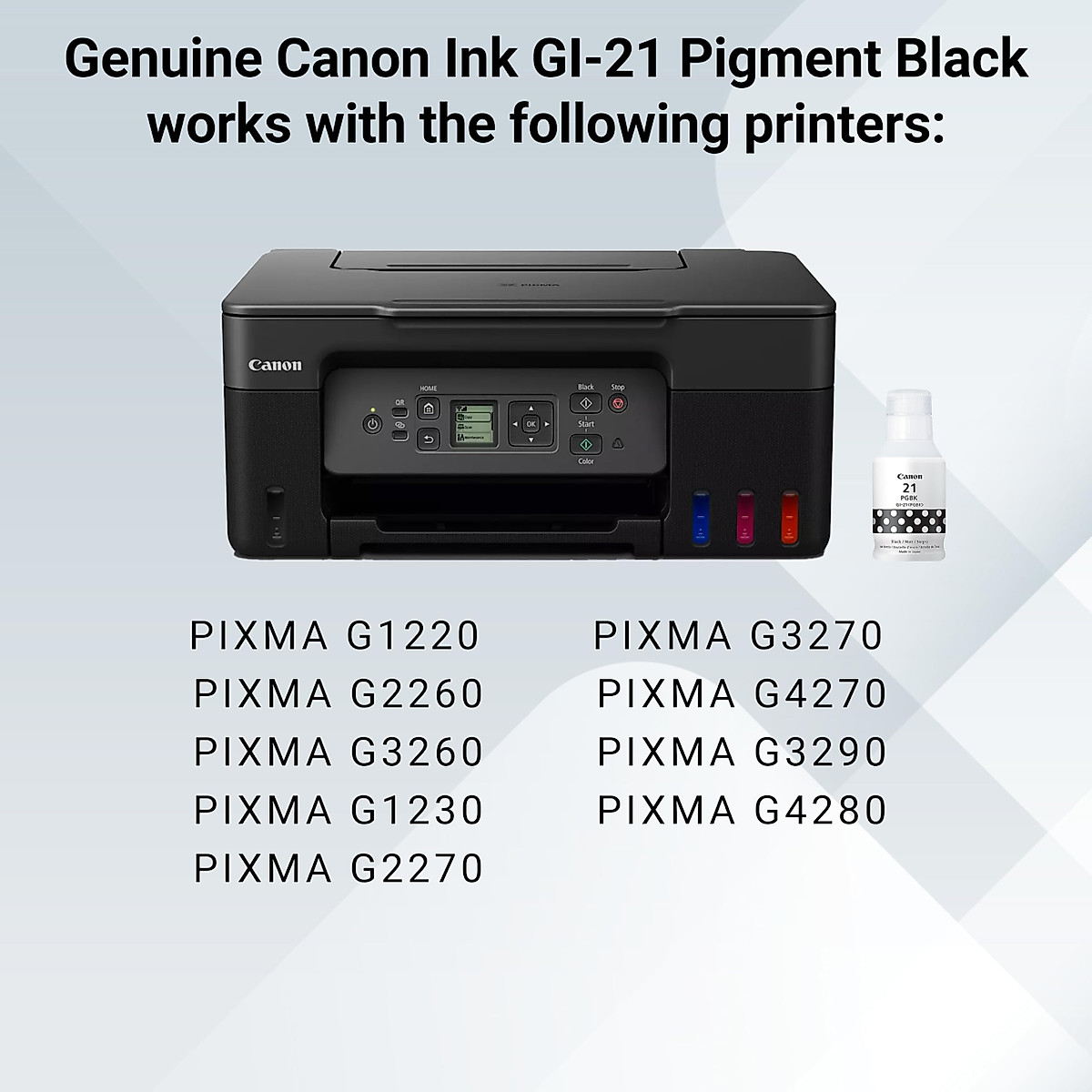 Canon GI-21 Pigment Black Ink Bottle, Compatible to G3260, G2260 and G1220 Supertank Printers (one Size)